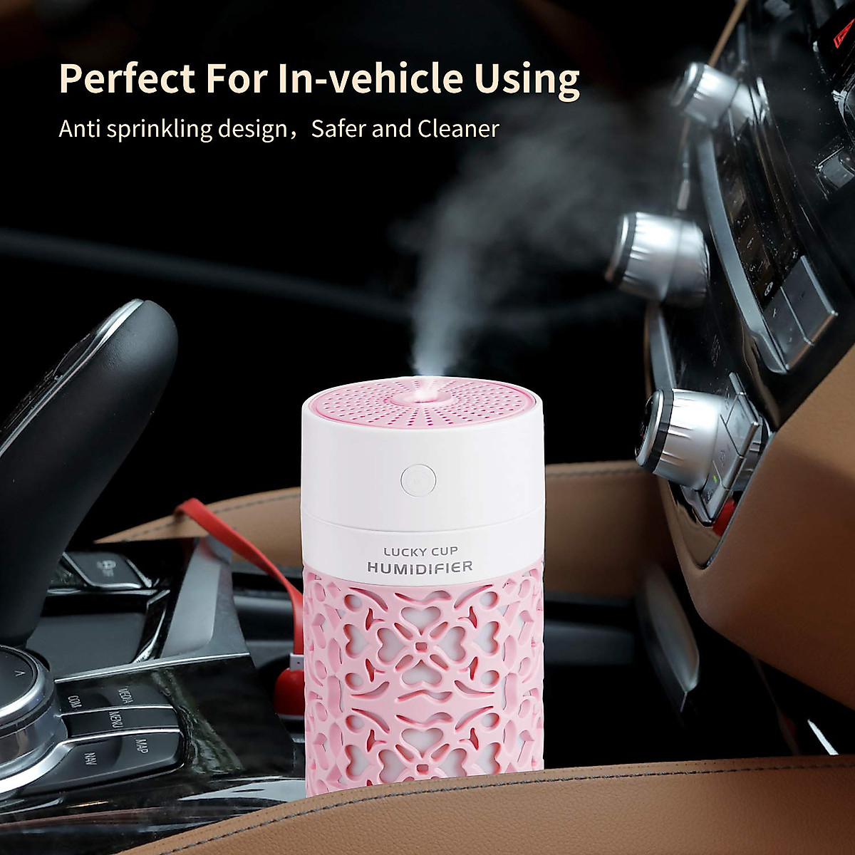 Portable Humidifiers Car Humidifier Cool Mist Humidifying for Kids Rooms Travel Office Bedroom with High and Low Mist Settings 7 Colors Night Light Auto Shut-Off 250ml Pink