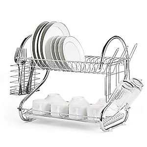 Glotoch 2-Tier Full Sized Dish Drying Rack with Utensil Holder and Cup Holder with Dish Water Drain Board Tray Rustproof Chrome Plating 16.5 x 10 x 15 Inches Storage Space Saving Kitchen Organizer
