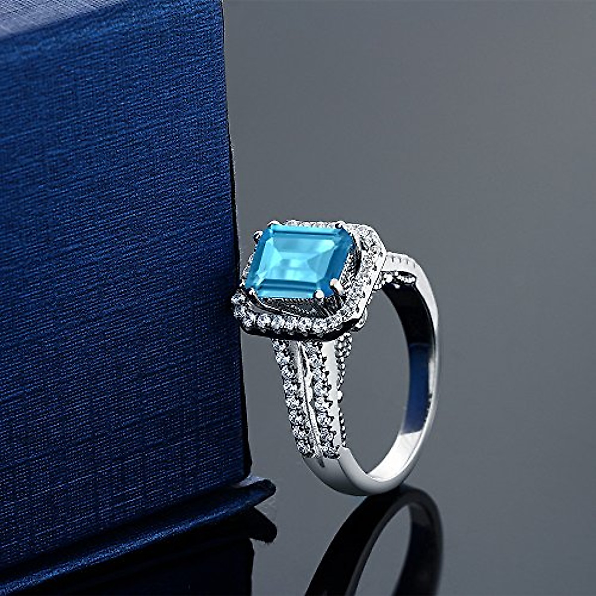 Gem Stone King 2.78 Cttw 925 Sterling Silver Swiss Blue Topaz Engagement Ring For Women | Gemstone Birthstone | Emerald Cut 9X7MM | Available In Size 5,6,7,8,9