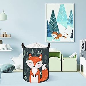 Clastyle 45L Smile Foxes Kids Laundry Baskets for Bedroom Collapsible Waterproof Tree Laundry Hamper with Drawstring for Toys, 14.2 * 17.7 in