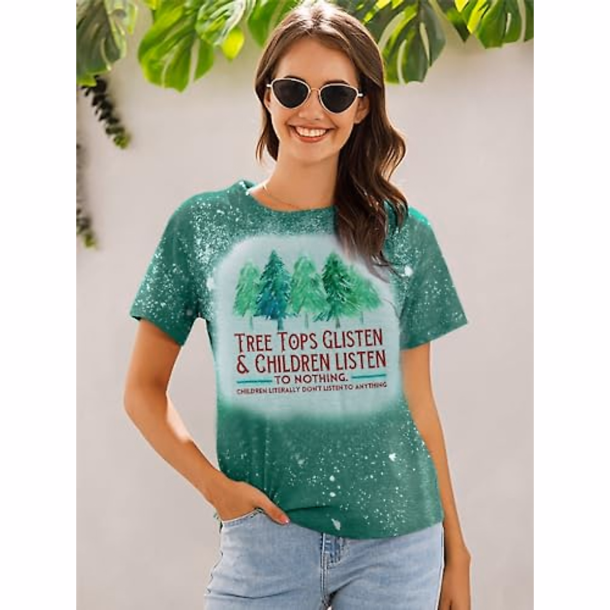 Teacher Christmas Shirt Women Tree Tops Glisten Children Listen Bleached Tee Cute Tree Graphic Teacher Gift Shirts Green