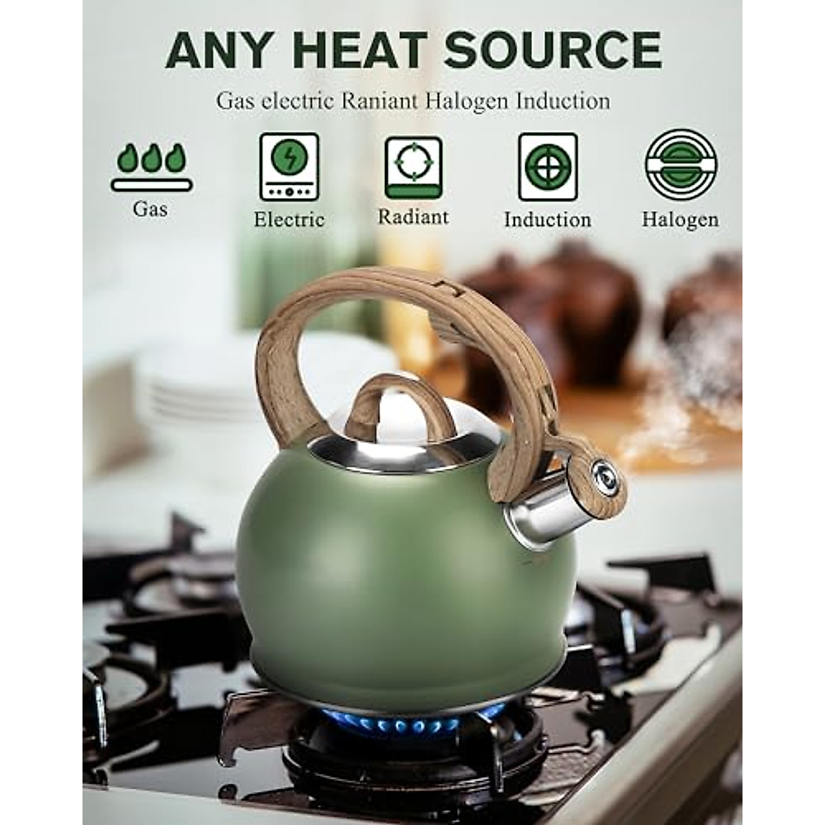 Hauce Radio Tea Kettle Stovetop, 2.1 Quart Stove Top Whistling Tea Kettle, Teapot Kettles with Food Grade Stainless Steel and Wood Pattern Folding Handle, Suitable for All Heat Sources