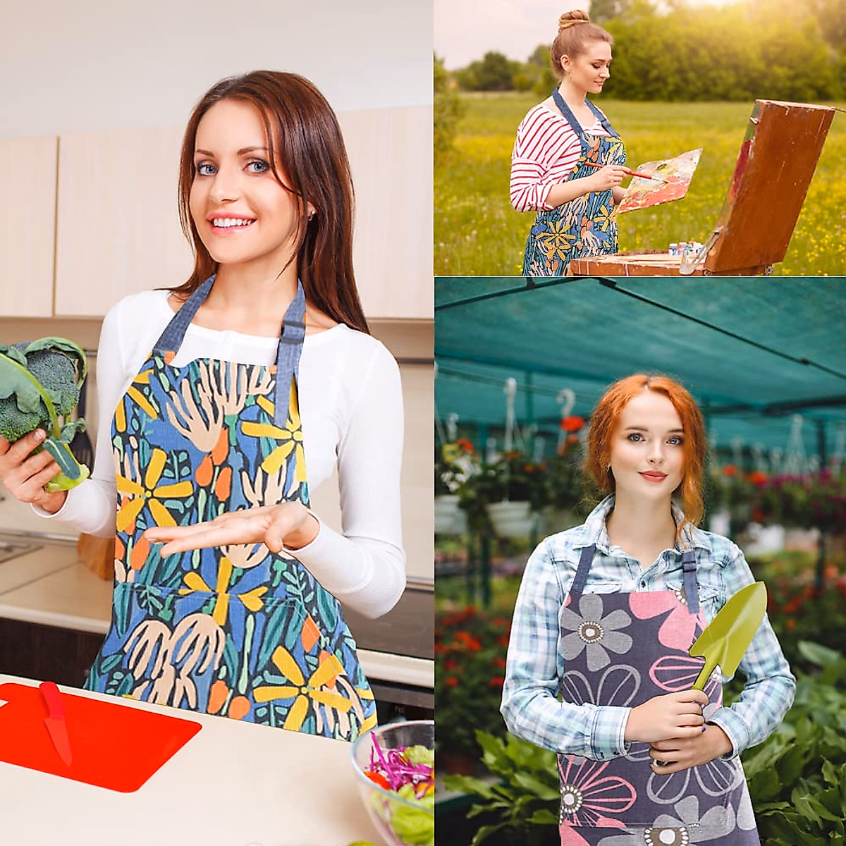 2PCS Floral Aprons for Women with Pockets, BOCTTCBO Adjustable Cute Cooking Aprons for Kitchen Baking Gardening Cleaning (floral)