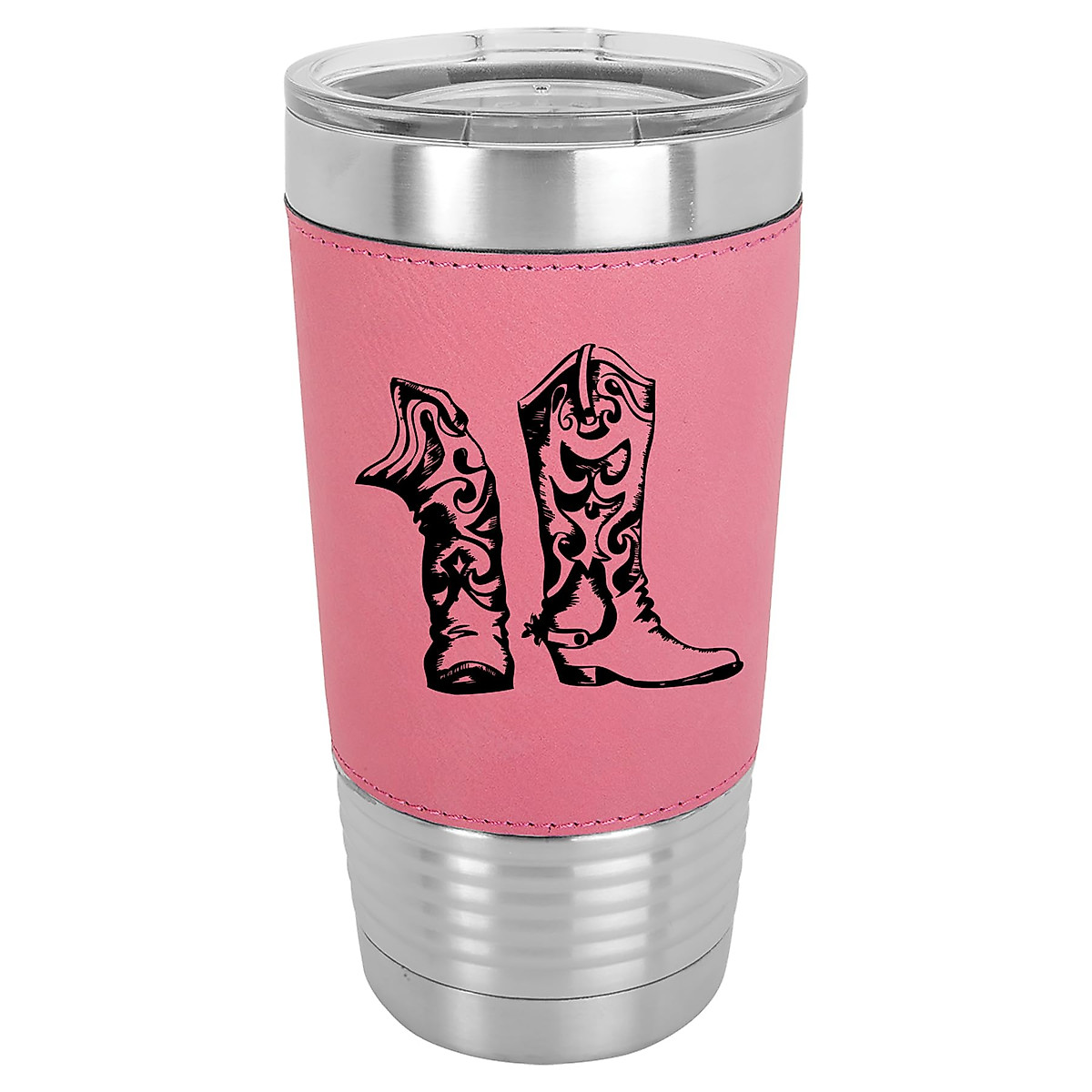 20 oz Leather Tumbler Stainless Steel Insulated Travel Mug Cup Gift Cowboy Cowgirl Boots (Pink)