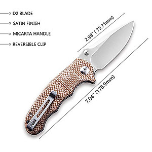 CIVIVI Hooligan Small Pocket Knife - Folding Knife with 2.98” D2 Blade Micarta Handles,Hunting Outdoor Knife with Reversible Clip for men C913C (Snakeskin)