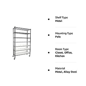pouseayar 7 Tier NSF Metal Shelf Wire Shelving Unit, 2450lbs Capacity Heavy Duty Adjustable Storage Rack with Wheels & Shelf Liners for Closet Kitchen Garage Basement, 82" H x 48" L x 18" D - Black
