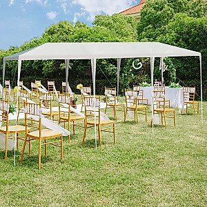 Tangkula 10 x 30 Feet Outdoor Canopy Tent, Wedding Party Tent with 16 Stakes & 8 Wind Ropes, Yard Enclosed White Tent for Events, Parties, Backyard