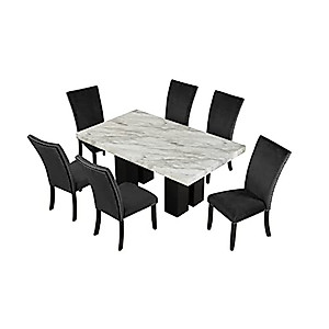 WOZNLA 7-Piece Table Set, Faux Marble Tabletop and 6 Upholstered Chairs, Enhance Your Dining Room Ambiance, Black