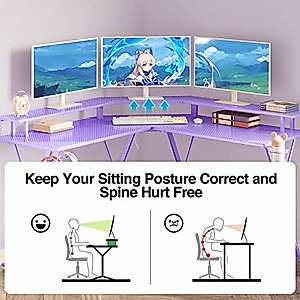 SEVEN WARRIOR Gaming Desk 50.4” with LED Light & Power Outlets, L-Shaped Gaming Desk Carbon Fiber Surface with Monitor Stand, Ergonomic Gamer Table with Cup Holder, Headphone Hook, Purple