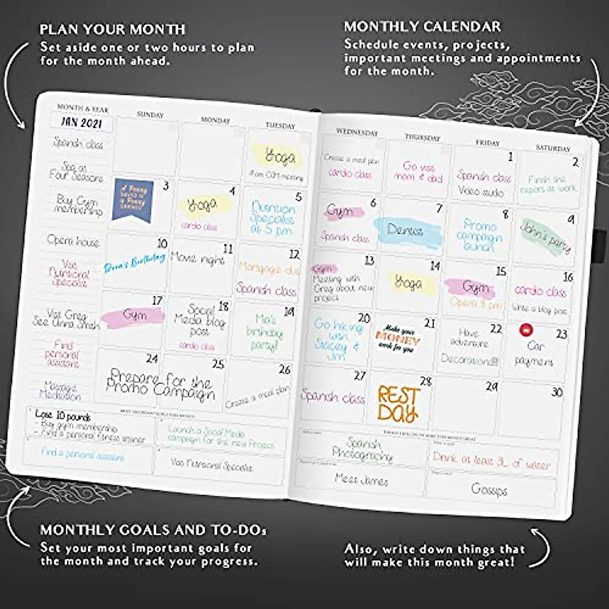Legend Planner PRO Hourly Schedule Edition - Undated Deluxe Weekly & Daily Organizer with Time Slots. Time Management Appointment Book Journal for Work & Personal Life, A4 Size Hardcover - Black