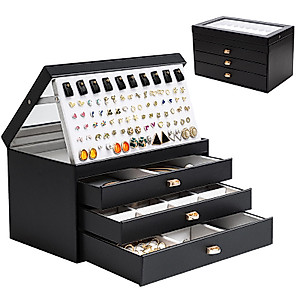 ProCase Jewelry Box for Women Girls, 4-Layer Large Jewelry Organizer Box with Glass Lid, Valentines Gift Jewelry Holder Organizer Jewelry Storage Case for Earrings Bracelet Necklace Rings -Black