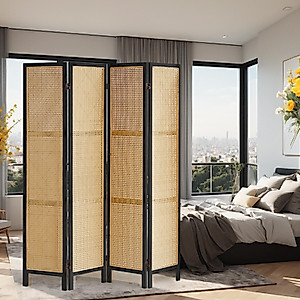 ALeesing 4 Panels Wood Room Divider and Folding Privacy Screens, Hand-Woven Rattan Room Dividers Panel, Room Divider Wall Freestanding, Room Partitions Screen for Home Office Bedroom, Black