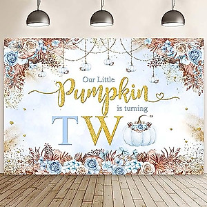 MEHOFOND 7x5ft Boho Blue Fall Pumpkin 2nd Birthday Backdrop Autumn Our Little Pumpkin is Turning Two Bday Party Photography Background Boho Floral Gold Glitter Party Decor Cake Smash Photo Prop