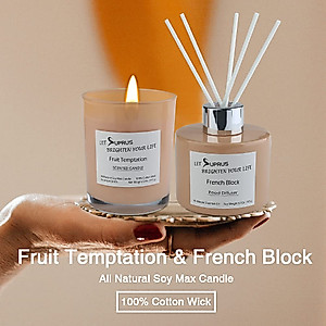 SUPRUS Reed Diffuser Set and Scented Candle for Home Aromatherapy Scented Oil with Gift Box for Easter, Mother's Day, Women, Friends (Fruit Temptation/French Block)