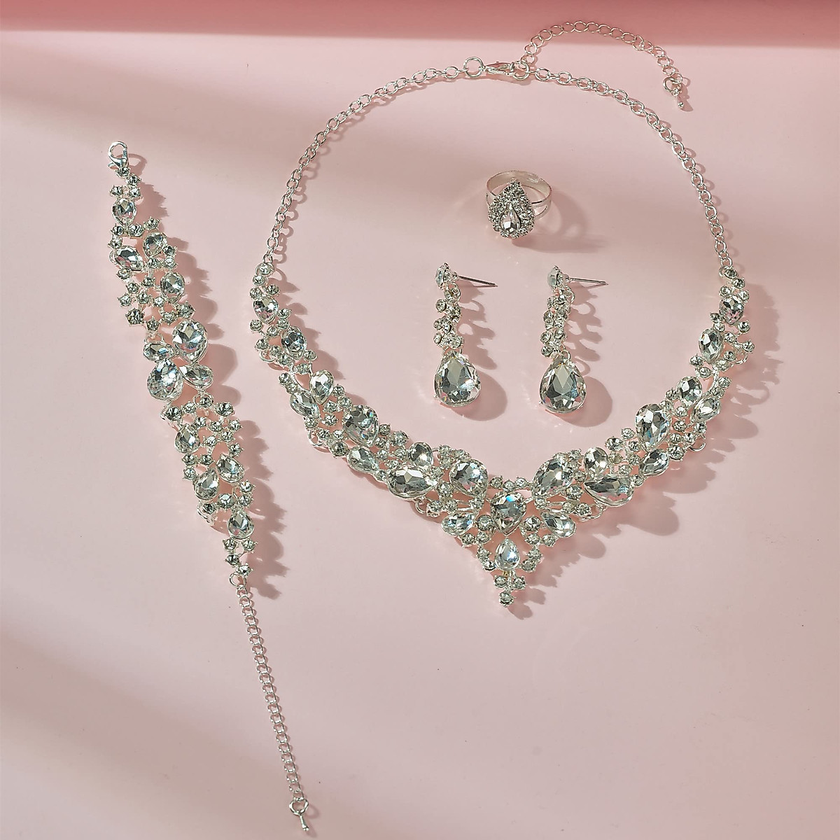 Paxuan Crystal Rhinestone Women Jewelry Sets for Wedding Bridal Party Bridesmaids Crystal Necklace Earrings Bracelets Rings Jewelry Set for Mother’s Day