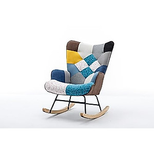 BIAYE Patchwork Solid Wood Armrest and Feet, Mid-Century Modern Accent, Fabric Sofa Chair for Living Room Bedroom Studio, Comfy Side Armchair for Bed,Antique Blue