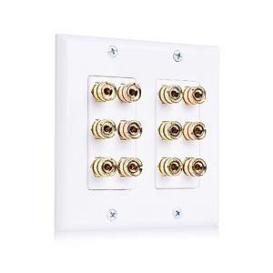 Cable Matters Double Gang Speaker Wire Wall Plate (Speaker Wall Plate, Banana Plug Wall Plate) for 6 Speakers in White