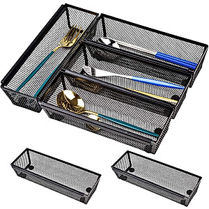 KUAKEE 11.8 x 3 x 2 Inch Silverware Drawer Organizer, 6 Pcs Metal Mesh Drawer Organizer for Kitchen, Black Utensil Organizer, Silverware Tray with Interlocking Arm for Flatware Knives Forks and Spoons