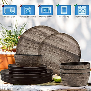 forlent 12 Piece Melamine Dinnerware Sets for 4 - Plastic Wood Grain Plates and Bowls Sets Best for Indoor Outdoor Grill Holiday Party Camping BPA-Free Dishwasher Safe