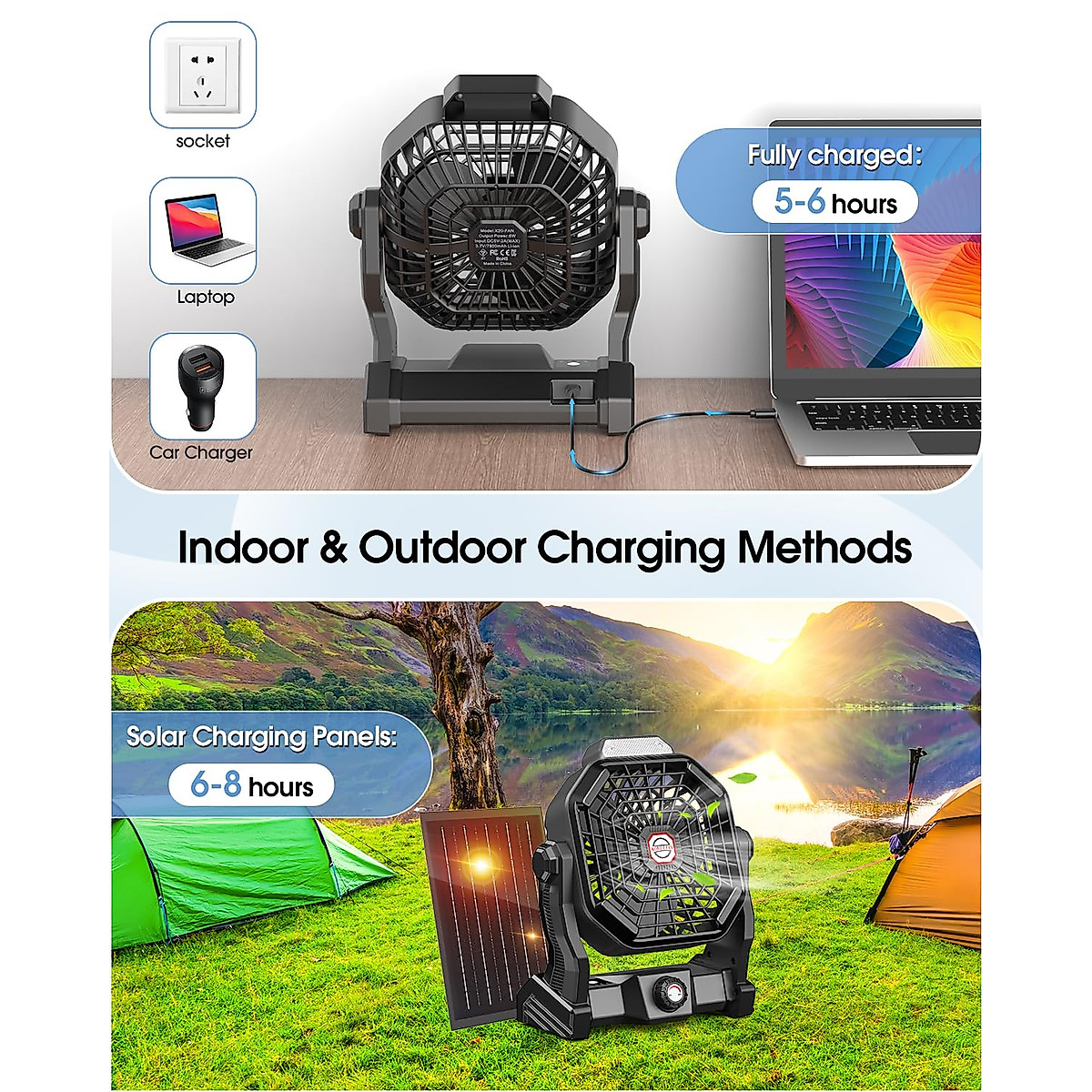 Drchop 10800mAh Solar Powered Fan, 7W Solar Camping Fan & Led Lantern, 8-inch Rechargeable Fan with Solar Panel, Battery Operated Powered Fan, Outdoor Tent Fan for Camping Essentials Accessories