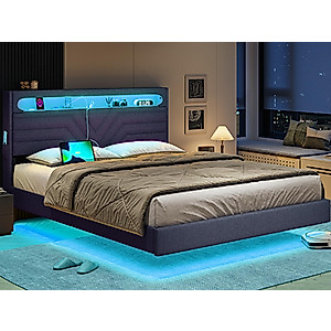 BTHFST Queen Floating Bed Frame with RGB LED Lights Headboard, USB-C/A Power Combo, Linen Upholstered Platform Bed with Storage Headboard, Innovative Stable Structure, Dark Gray