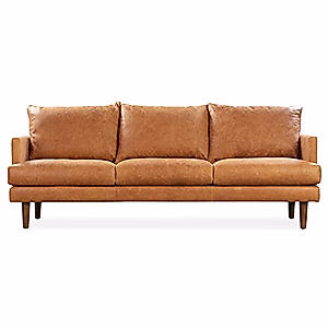 POLY & BARK Girona Leather Couch – 88-Inch Leather Sofa with Tufted Back - Full Grain Leather Couch with Feather-Down Topper On Seating Surfaces – Pure-Aniline Italian Leather – Cognac Tan