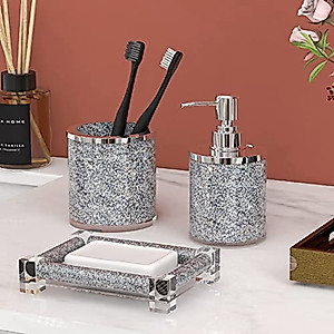SHYFOY Bathroom Accessories Set, 3 Piece Silver Crystal Diamond Bathroom Accessory Decor Sets, Glass Bath Restroom Set Vanity Organizer Includes Soap Dispenser, Toothbrush Holder, Soap Dish