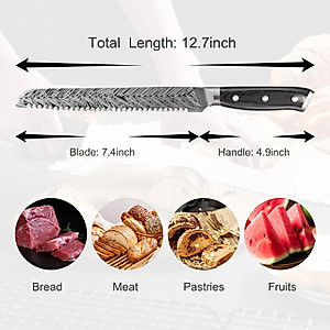 UIELPT 8-Inch Patterned Stainless Steel Bread Knife - Razor-Sharp Serrated Edge, Black Wood Handle - Ideal for Homemade Bread, Cake, and Bagels