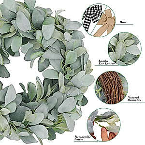 CEWOR 22 Inch Fall Wreath Flocked Lambs Ear Wreaths for Front Door Spring Summer Greenery Wreath for Wall Window with Two Bows (Burlap & Buffalo Plaid Bow)