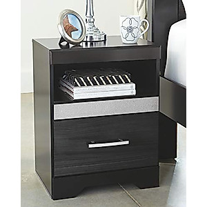 Signature Design by Ashley Starberry Glam 1 Drawer Nightstand with 2 Slim-Profile USB Charging Stations & Silvertone Glitter Accents, Black