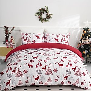WONGS BEDDING Christmas Duvet Cover Queen, Merry Christmas Elk Snowflake Tree Red Bedding Duvet Covers with Zipper Closure for All Seasons, Red Soft Microfiber Bedding Set Queen 90"×90"
