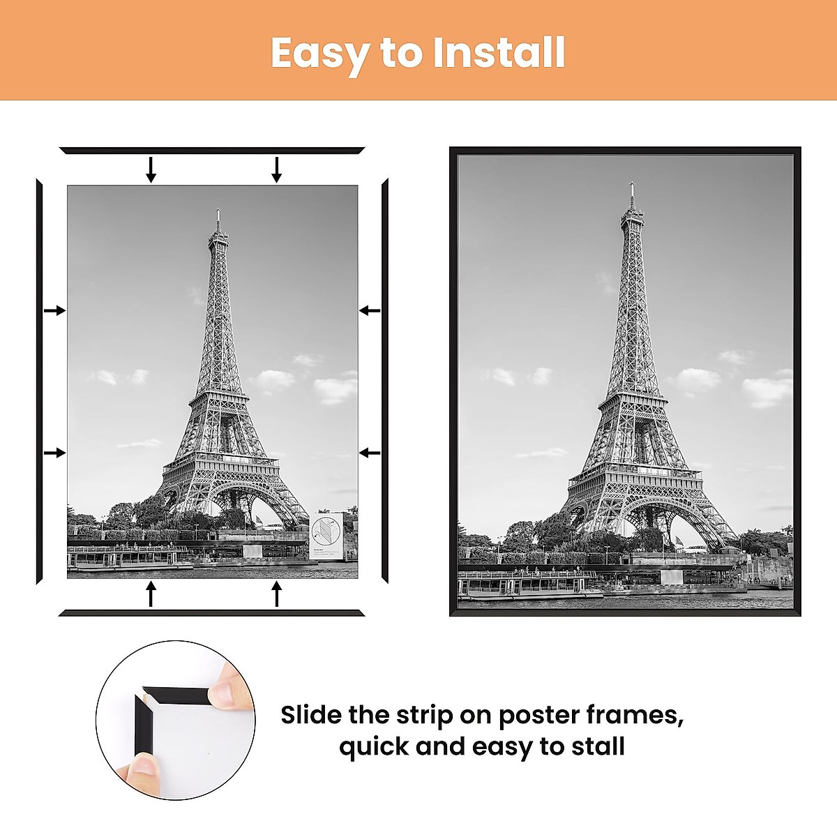 upsimples 16x24 Picture Frame Black 3 Pack, Scratch-Proof Poster Frames 16 x 24 for Photo Gallery - Slide-In Strips, Horizontal or Vertical Wall Mounting