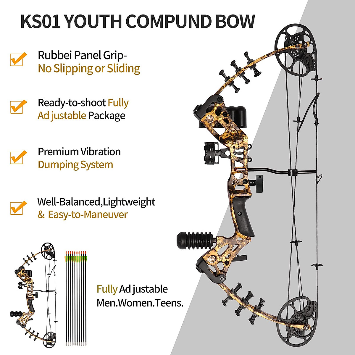 WUXLISTY Youth Compound Bow Set 15-45 Lbs for Teens and Beginner, Package with Archery Hunting Equipment, 5 Pin Sight, Max Speed 320fps, Adjustable, Right Hand, Snake Camo