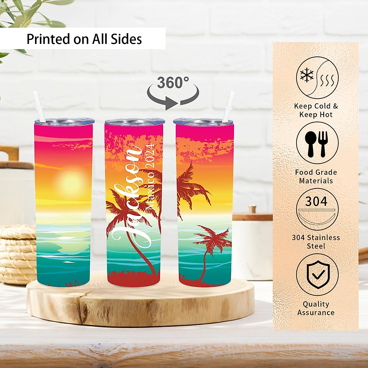 Personalized Family Vacation Tumblers With Name, Custom Palm Tree Beach Skinny Coffee Tumbler, Girls Trip Cups With Lid And Straw, Customized Group Destination Vacation Matching Cup