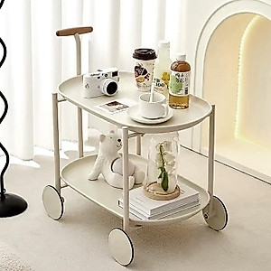 GGW Rolling Cart with Handle, 2-Tier Small Bar Cart, Serving Cart with Wheels, Drink Cart with Steel Frame, Mobile Sofa Side Table with Trays for Home, White