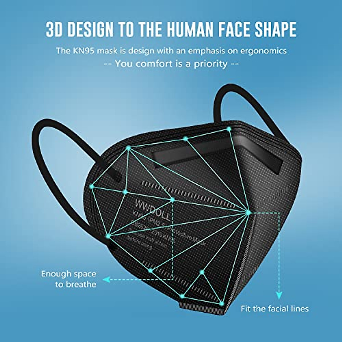 KN95 Face Mask 50 Pack, WWDOLL KN95 Masks 5-Layer Breathable Mask with Elastic Earloop and Nose Bridge Clip, Disposable Respirator Protection Against PM2.5 Black