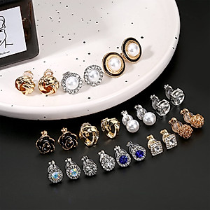 YADOCA 12 Pairs Clip On Earrings for Women Clip Earrings Non Pierced Earrings CZ Flower Twist Knot Simulated Pearl Clip On Earrings Sets