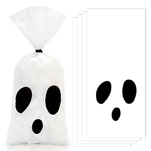 JarThenaAMCS 100Pcs Halloween Cellophane Treat Bags with Twist Ties Ghost Face Party Gift Bags Plastic Candy Goodie Bags for Snacks Cookies Packing Supplies