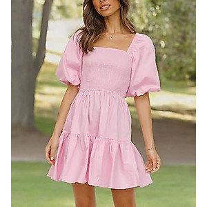 Atizon Women's Summer Smocked Dress Square Neck Puff Sleeve Casual Vintage Off Shoulder A-Line Short Mini Dress