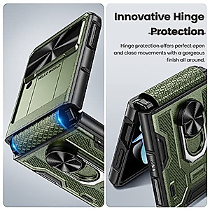 Caka for Galaxy Z Flip 4 Case, Z Flip 4 Case with Camera Cover, Hinge Protection& Kickstand with Built-in 360°Rotate Ring Stand Magnetic Protective Phone Case for Samsung Galaxy Z Flip 4 5G -Green