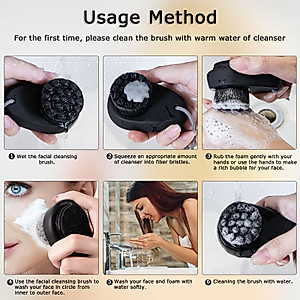 Beomeen Facial Cleansing Brush 2 Pack, 2 in 1 Silicone Face Scrubber for Men Exfoliating Pore Deep Cleansing, Dual Sided Face Wash Brush with Soft Bamboo Charcoal Microfiber and Lid for Women, Black