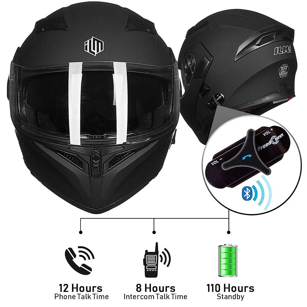 ILM Bluetooth Motorcycle Helmet Modular Flip up Full Face Dual Visor Mp3 Intercom FM Radio DOT Model 902BT(Matte Black, Large)