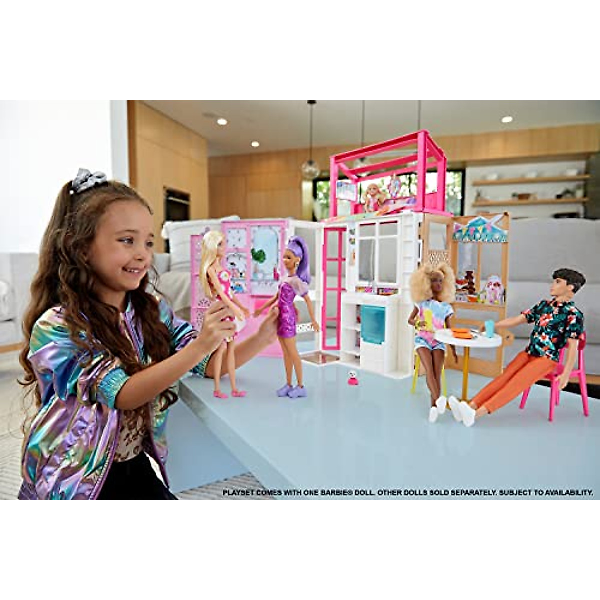 Barbie Dollhouse with Doll, 2 Levels & 4 Play Areas, Fully Furnished, 3 to 7 Year Olds