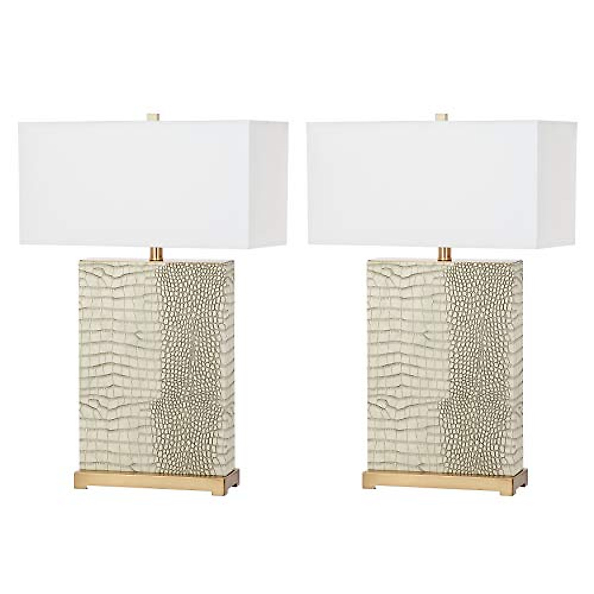 SAFAVIEH Lighting Collection Joyce Modern Art Deco Cream Faux Snakeskin Rectangle Shade 28-inch Bedroom Living Room Home Office Desk Nightstand Table Lamp Set of 2 (LED Bulbs Included)