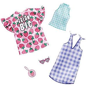 Barbie Clothes, 2 Outfits Doll Include a Strawberry-Print Dress, a Checked Dress and Top, Plus a Strawberry-Decorated Purse and Heart-Shaped Sunglasses, Gift for 3 to 8 Year Olds​