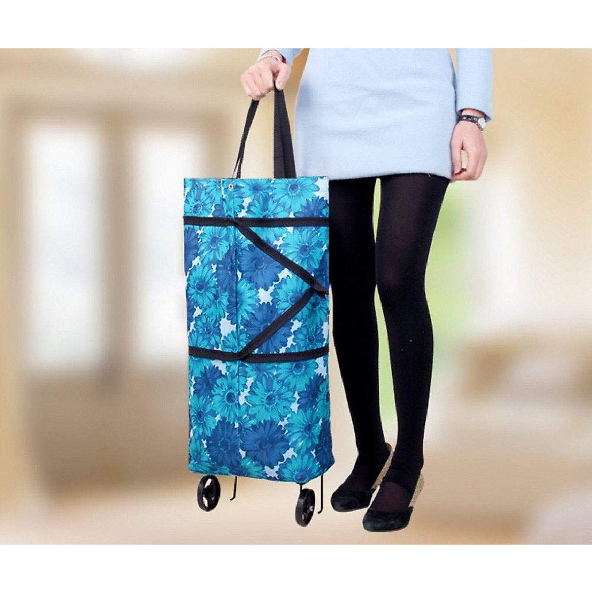 Cowinbest Collapsible Trolley Bags Folding Shopping Bag with Wheels Foldable Shopping Cart Reusable Shopping Bags Grocery Bags Shopping Trolley Bag on Wheels(Blue) Large