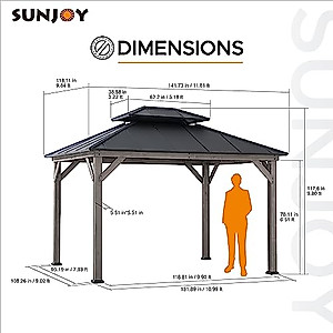 Sunjoy 10 x 12 ft. Wood Gazebo, Outdoor Patio Steel Hardtop Gazebo, Cedar Framed Wooden Gazebo with 2-Tier Metal Roof, Suitable for Patios, Lawn and Backyard, Matte Black Roof + Gray Wood Frame