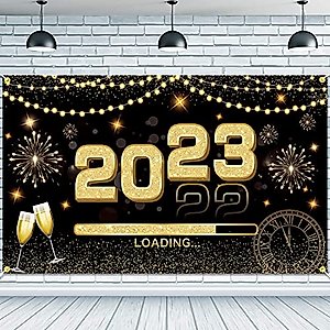 JKQ 2023 Happy New Year Backdrop Banner 71 x 43 Inch Large Size New Year Background Banner 2023 Loading New Year Holiday Party Decorations Black Gold 2023 New Years Eve Party Photo Booth Props