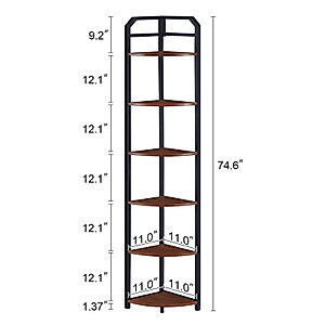 MNEETRUNG Corner Shelf, 6-Tier Industrial Corner Bookshelf, Freestanding Corner Shelf Stand with Metal Frame, Tall Corner Plant Stand for Small Space, Home Office, Living Room, Bedroom, Brown