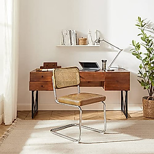 Zouron Mid-Century Modern Dining Chairs, Leather Accent Kitchen Chairs with Rattan Back, Armless Upholstered Fabric Spone Chairs with Chrome Metal Legs, Set of 2, Yellwo Brown